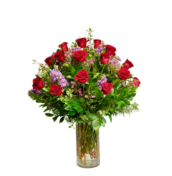 24 Red Primavera Roses with Stock, Wax and Ruscus – the cutting garden